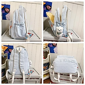 Kawaii Backpack with Cute Accessories Large Capacity Checkered Plaid Rucksack for Women Trendy Aesthetic Casual Daypack (Black)