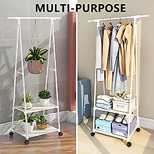 Jecpuo Clothes Rack Small Metal Garment Rack with Shelves for bedroom Rolling clothing rack for Hanging Clothes on Wheels for Hanging Clothes,clothes rack (White)