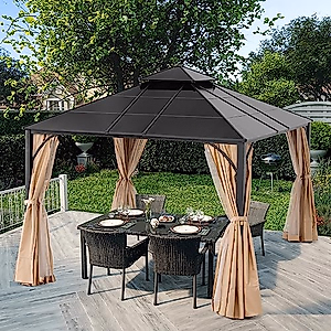 ABCPATIO 10x10 Hardtop Gazebo - Outdoor Polycarbonate Double Roof Gazebo Canopy, Metal Frame Permanent Pavilion with Curtains and Netting for Patio, Garden, Patio, Lawns (Beige)
