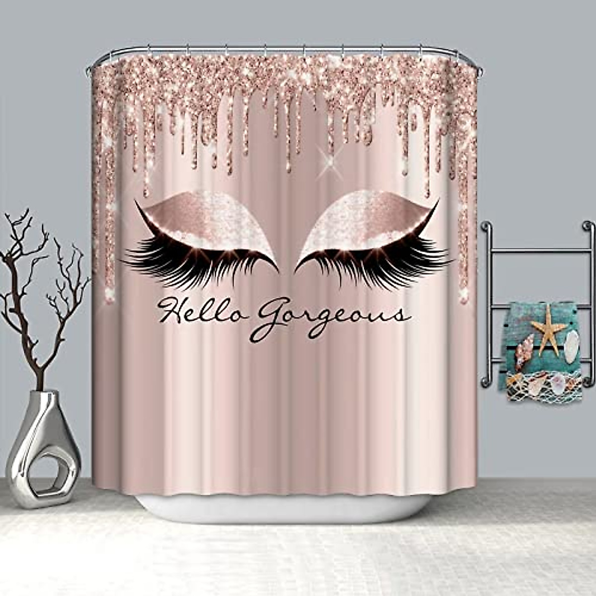 4PCS Pretty Long Eyelash Shower Curtain Sets Gold Drips Hello Gorgeous Waterproof Cloth Polyester Bath Curtain Bathtub Curtains, Bathroom Carpet Toilet Lid Cover and Bath Mat (no flash) (eyelashes-1)