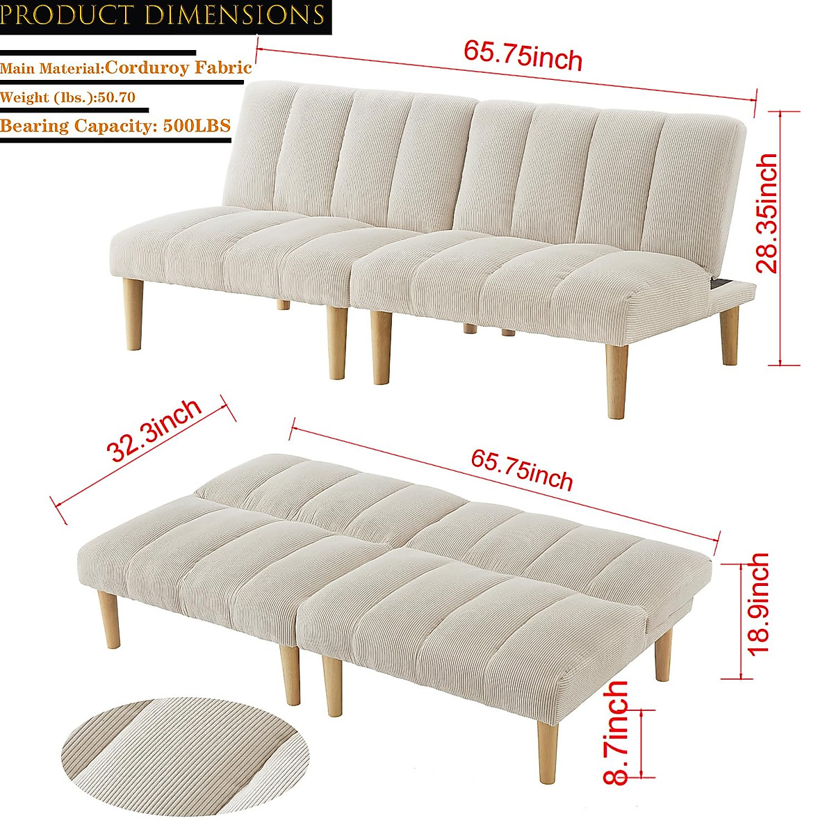 Modern Corduroy Convertible Folding Futon Couch Sofa Bed,with Adjustable Backrest Memory Foam Couch Double Loveseat Sofa for Compact Living Space,Dorm,Game Studio,Apartment,Bedroom (White)