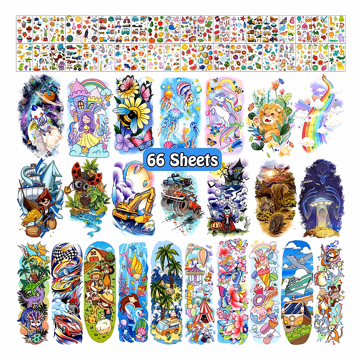 Partywind 66 Sheets Kids Full & Half Arm Temporary Tattoos Sleeves, Fake Tattoo Stickers with Dinosaur/Pirate/Cars for Boys, Butterfly/Mermaid Tattoos for Girls, Kids Gifts Party Supplies