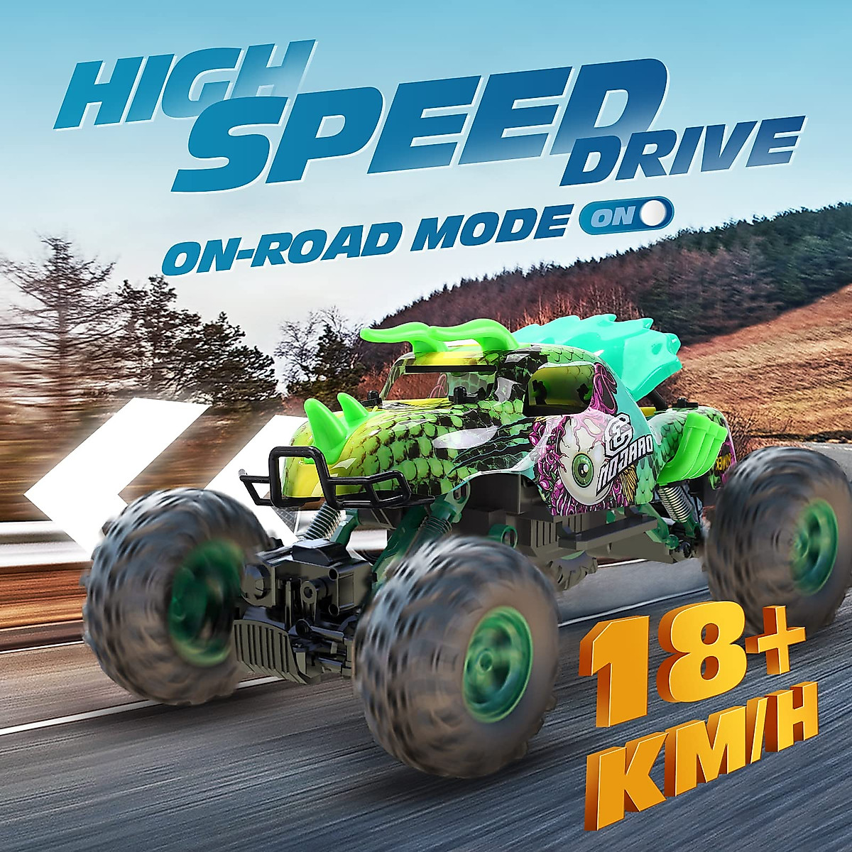 Holyton Remote Control Cars, 1:12 Large Scale Dinosaur Monster RC Trucks, 4WD Liftable Chassis Off Road Rock Crawler for Kids, 2 Batteries for 60+ Minutes Play, RC Car Toys Gift for Boy & Girls