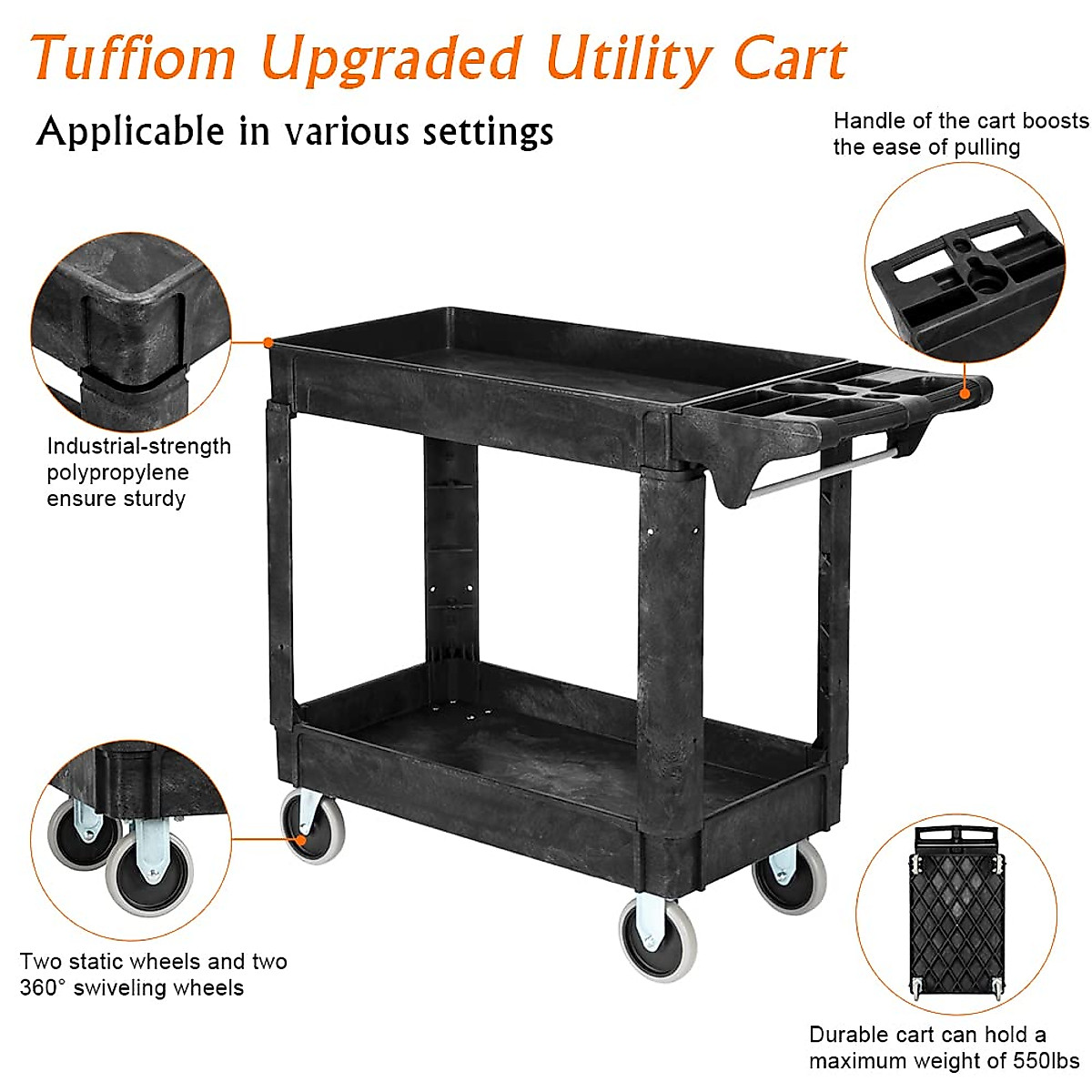 TUFFIOM Plastic Service Utility Cart with Wheels, 550lbs Capacity Heavy Duty Tub Storage Cart W/Deep Shelves, Multipurpose Rolling 2-Tier Mobile Storage Organizer, for Warehouse Garage Industrial