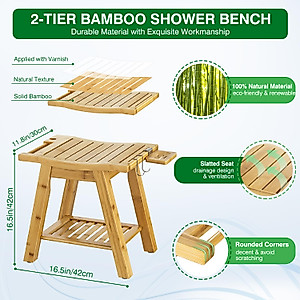 ETECHMART Bamboo Shower Bench Seat, A-Shaped Bath Spa Stool with Storage Shelf for Legs Shaving Inside Shower or Bathroom, Waterproof Wooden Shower Chair for Seniors Adults Disabled Elderly, Bamboo