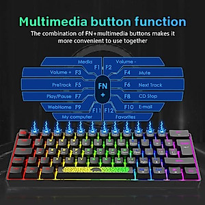 60% Compact Type c - Usb Wired Mechanical Keyboard UK, Blue Switch, RGB Backlit Rainbow LED, Anti-Ghosting, Media Keys, Laser carving, Ergonomic Aesthetic, for Computer PC Laptop PS4 XBOX - Black