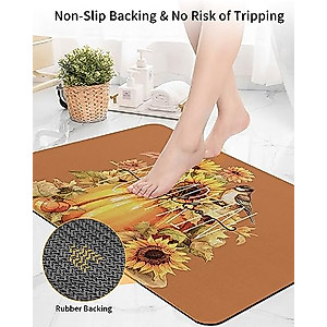 Bathroom Floor Shower Mat, Non-Slip Small Rugs - Easy to Clean, Fall Thanksgiving Pumpkin Sunflower Bird Brown Background Durable Bath Rug 16"x24" Washable Quick Dry Mats for Bathtubs