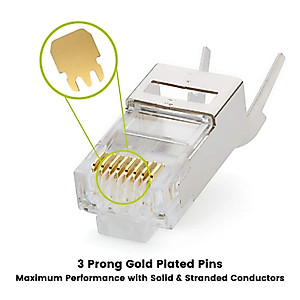 trueCABLE Cat6/6A RJ45 Pass Through Modular Plugs, Shielded (STP) External Ground Connector, UL Listed, EZ Crimp, Gold Plated 3 Prong 8P8C, 100 Pieces