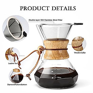 Lalord Pour Over Coffee Maker with Reusable Stainless Steel Filter, 20 oz Borosilicate Glass Coffee Carafe, Wooden Collar, Coffee Dripper Brewer, Hold 3 Cups, 600ml
