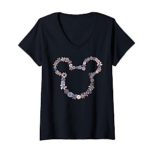 Womens Disney Mickey & Friends Mickey Floral Outline V-Neck Short Sleeve T-Shirt