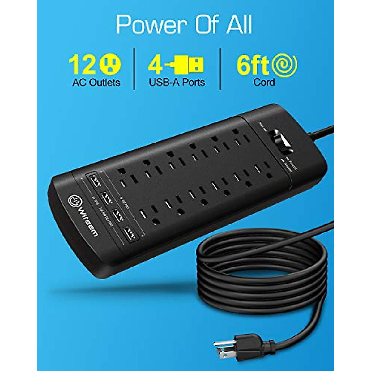Power Strip, Witeem Surge Protector with 12-Outlet (1875W/15A, 4360Joules) and 4 USB Charging Ports (5V/6A, 30W), 6Ft Extension Cord, Wall Mountable Overload Protection Outlet for Home & Office, Black