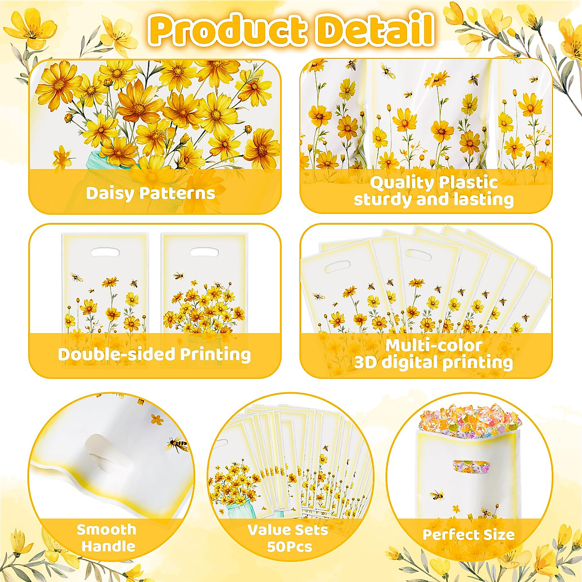 ArianQicult Wildflower Party Favor Bags 50Pcs Daisy Summer Party Gift Bags Wild One Yellow Goody Candy Treat Bags Baby in Bloom Party Decoration Supplies for Baby Shower Birthday Party Wedding