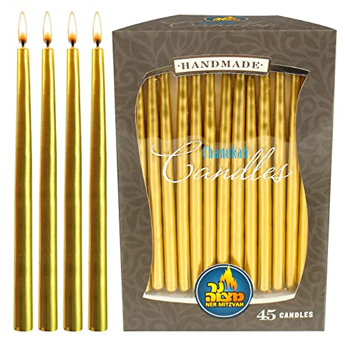 Dripless Chanukah Candles Standard Size - Metallic Gold Hanukkah Candles Fits Most Menorahs - Premium Quality Wax - 45 Count for All 8 Nights of Hanukkah - by Ner Mitzvah
