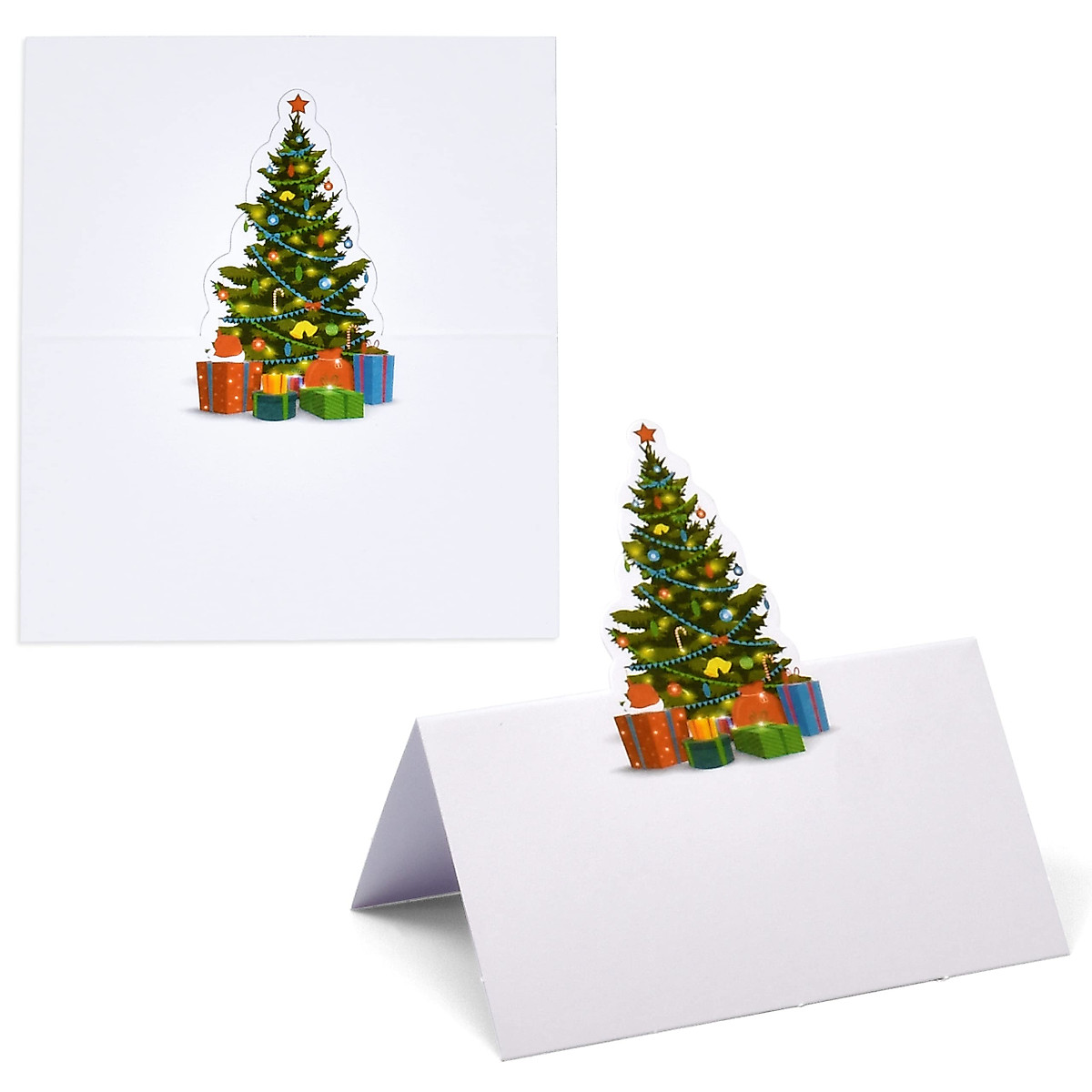 100 Pack Christmas Place Cards Holiday Seating Name Card Die Cut Xmas Tree Table Setting Folded Paper Tent Cards for Dinner Wedding Tables Placement Party Decorations 2" x 3.5"