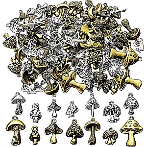 Huquary 140 Pcs Mushrooms Charms Bulk Alloy Mushroom Charms Pendants Antique Style Plant Charms Small Cute Jewelry Findings for DIY Necklace Earrings Bracelet Making Craft Supplies (Bronze, Silver)