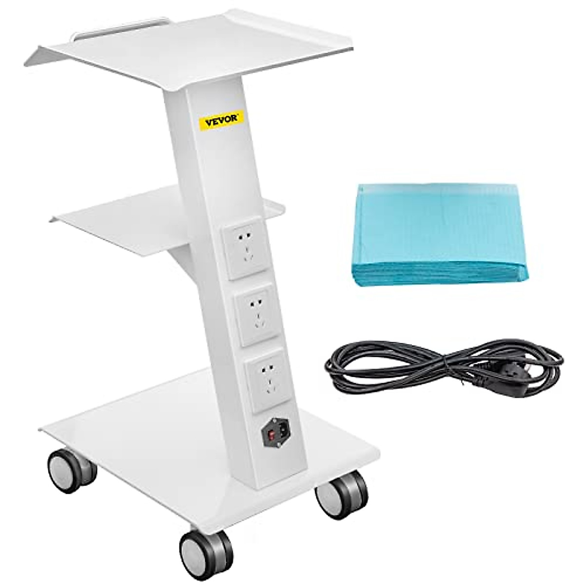 VEVOR Lab Trolley, Rolling Lab Cart w/Built-in Socket, 3 Layers Tray Rolling Clinic Cart, 360° Silent Rolling Wheels w/Foot Brake, 88 lbs Weight Capacity Sturdy Steel Frame, for Lab Clinic Salon