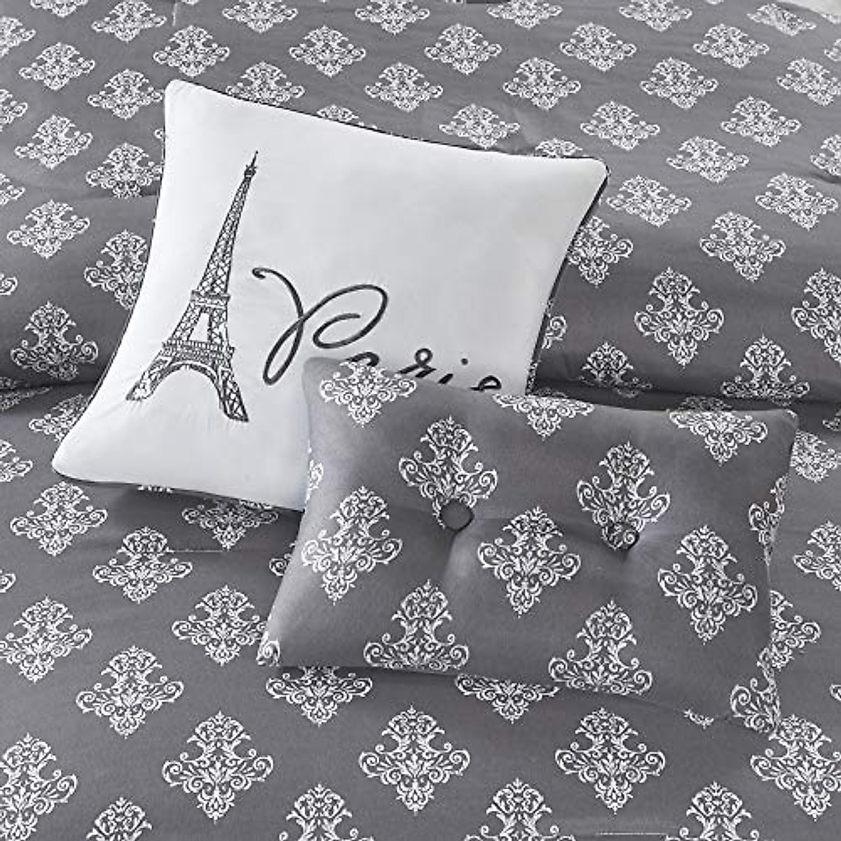 510 DESIGN 5DS10-0174 Marseille 5-Piece Reversible Paris Printed Comforter Set Gray/Charcoal Full/Queen