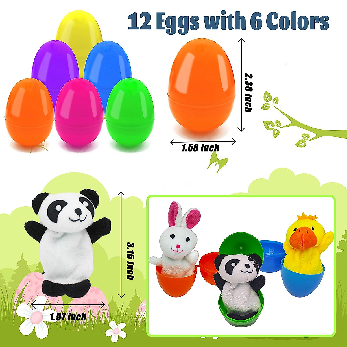 VEALIZUU 12 Pack Easter Eggs with Mini Plush Animals Finger Puppets Toys for Kids, Perfect for Easter Egg Hunt Game, Easter Party Favors, Easter Gift for Kids