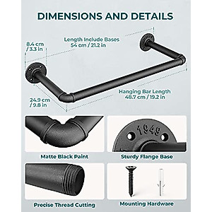 OROPY Industrial Pipe Clothes Rack 21.6” Set of 2, Heavy Duty Wall Mounted Black Iron Garment Bar, Multi-Purpose Clothing Hanging Rod for Laundry Room and Closet Storage