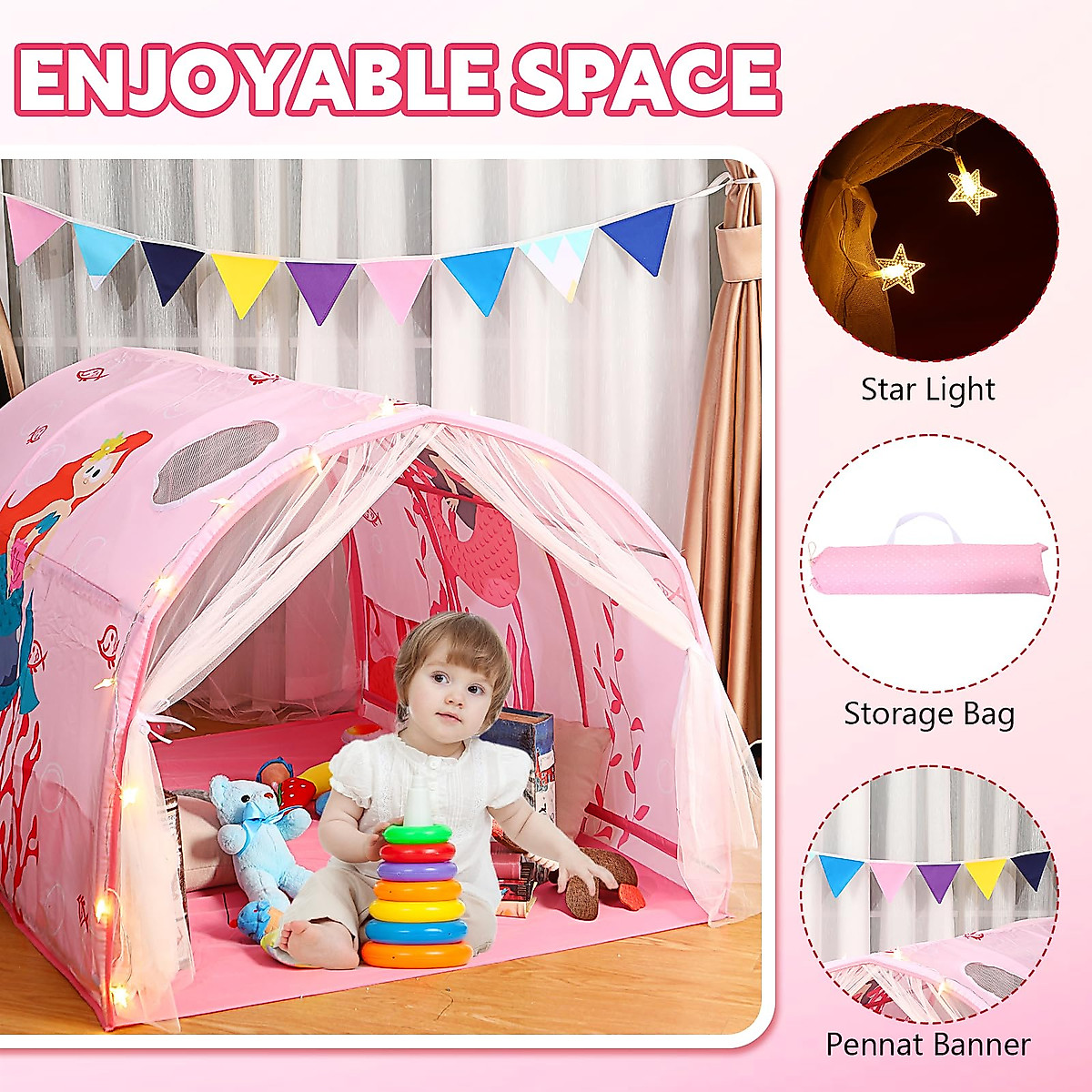 Berlune Play Tent for Girls Boy, Mermaid Dream Bed Tents with Star String Light, Banners, Double Net Curtain, Breathable Pocket, Carry Bag Portable Kids Playhouse Pink Sleeping Tent, 55''x 39'' x 31''