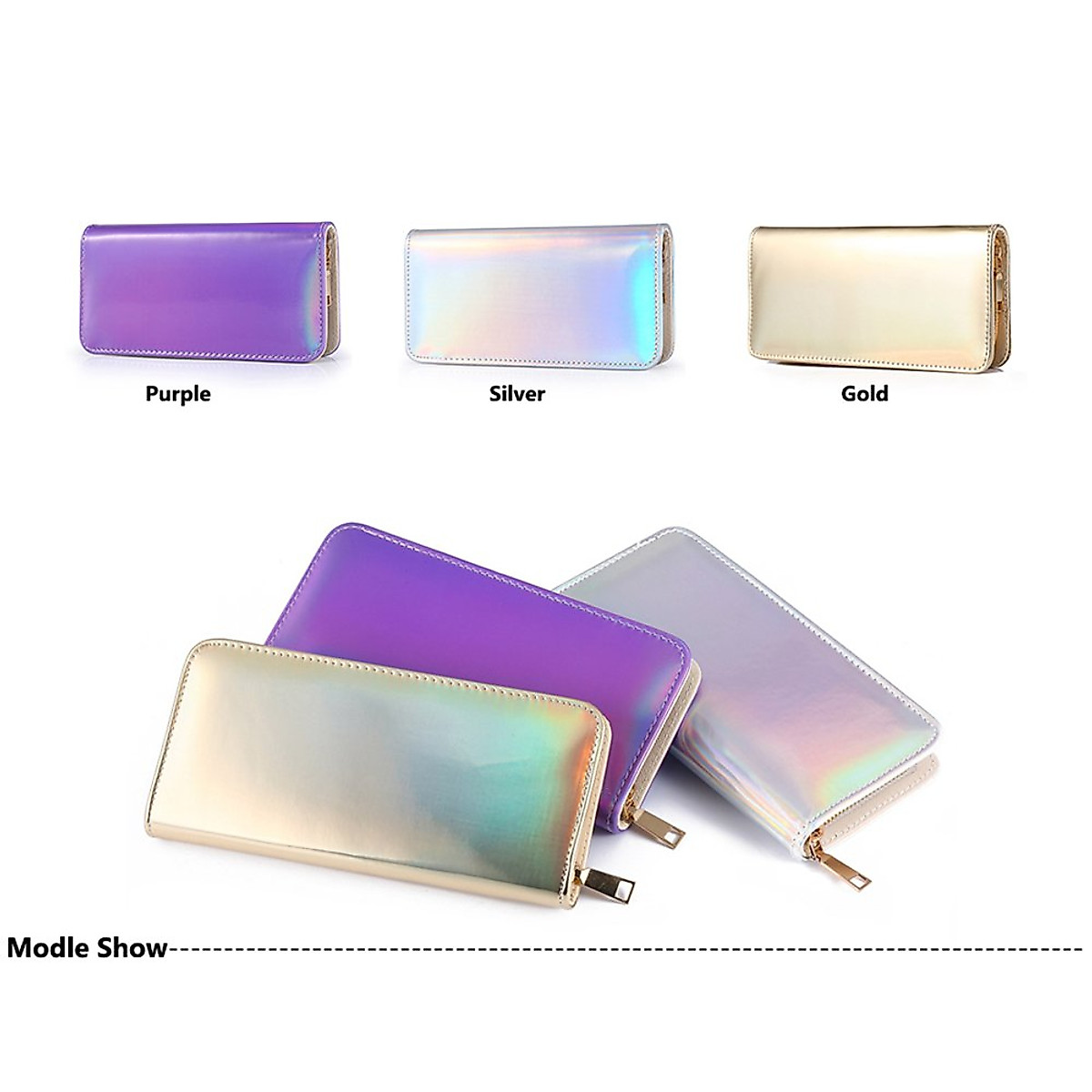 YAIRYANGTZE Hologram Slim PU Leather Wallet with Zipper Long Clutch Wallet Purse for Women (Silver)