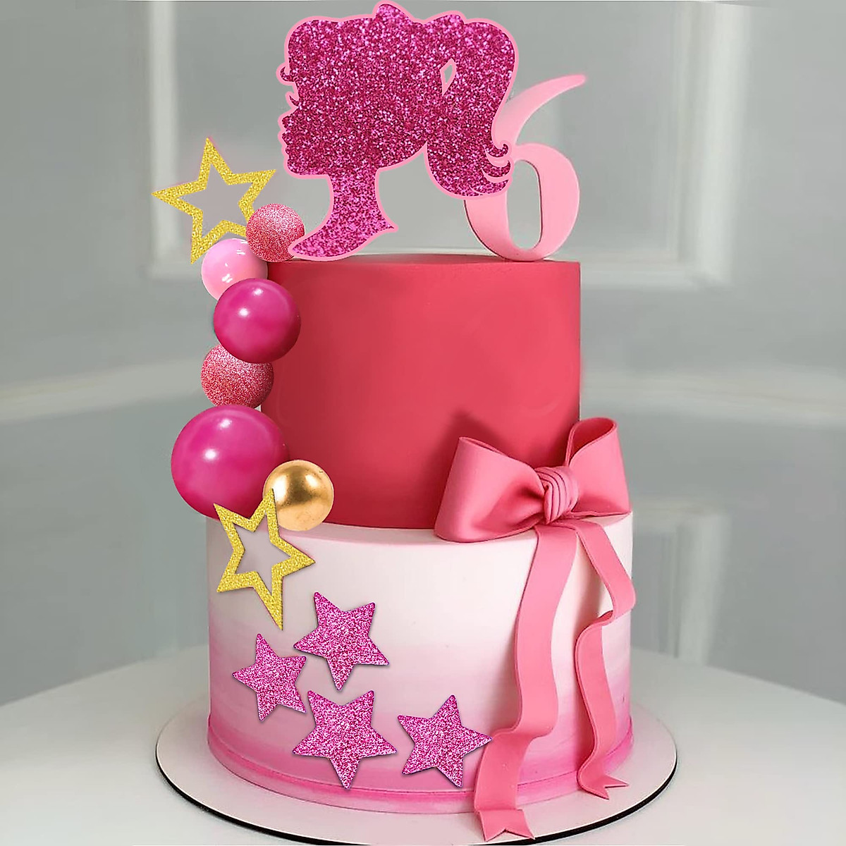 36 PCS Hot Pink Girl Cake Topper Balls Cake Decorations with Pink and Gold Balls Shiny Stars for Wedding Baby Shower Anniversary Girl Birthday Themed Party Supplies (Stars)