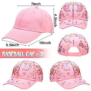 Zhanmai 3 Pcs Decorate Your Own Baseball Cap with 24 Sheets Adhesive Gems Stickers Pink Baseball Cap Paint by Stickers Arts and Crafts for DIY Kits for Birthday Present