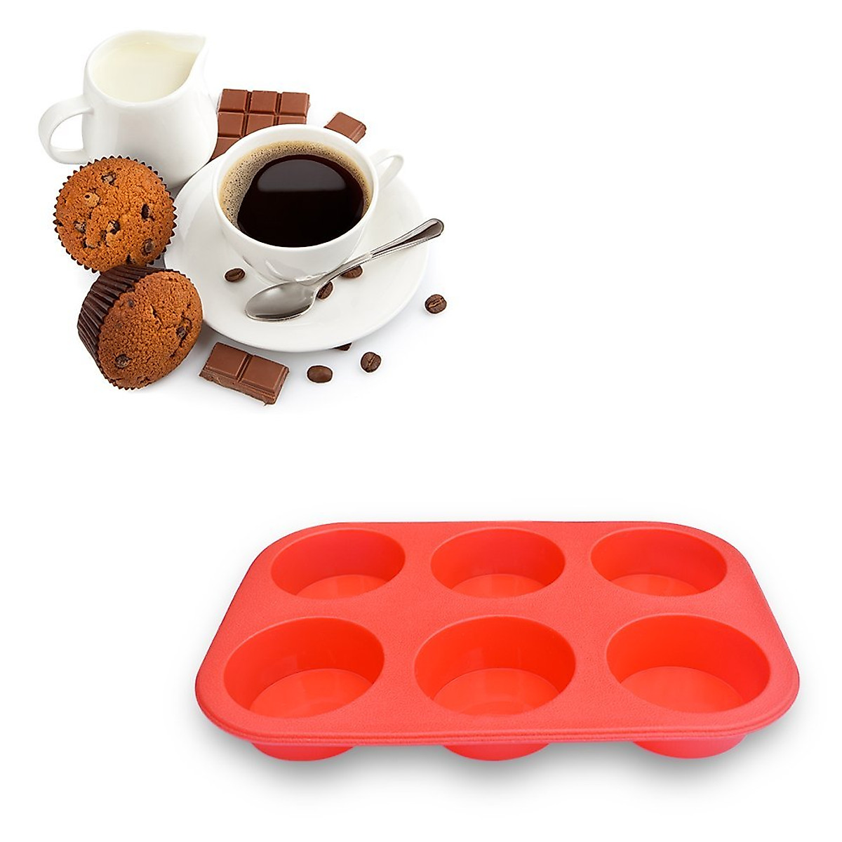 homEdge 6-Cup Silicone Muffin Pan, Pack of 2 Non-Stick Muffin Cupcake Molds-Blue and Red