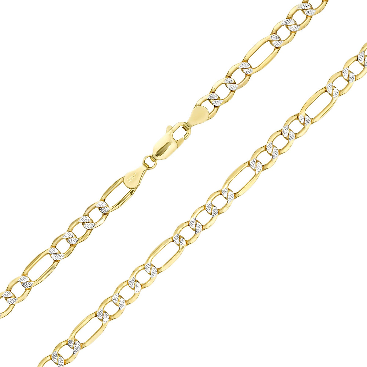 Nuragold 10k Yellow Gold 5.5mm Figaro Chain Link Diamond Cut Pave Two Tone Bracelet, Mens Womens Jewelry 7" 7.5" 8" 8.5" 9"
