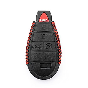 MJKEYAuto Black Leather 5 Buttons Smart Remote Key Fob Cover Chain Case for Chrysler 300 Dodge Challenger Charger Durango Magnum Jeep Grand Cherokee M3N5WY783X IYZ-C01C