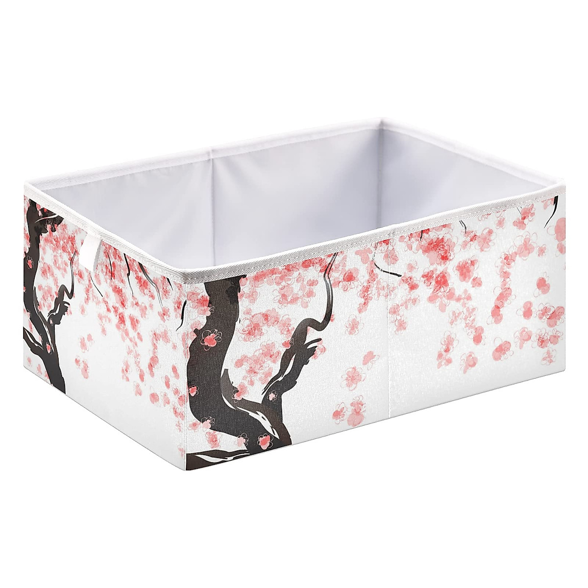 Poeticcity Red Pink Japanese Cherry Blossom Flowers Black Trunk on White Square Storage Basket Bin, Collapsible Storage Box, Foldable Nursery Baskets Organizer for Toy, Clothes Easy to Assemble
