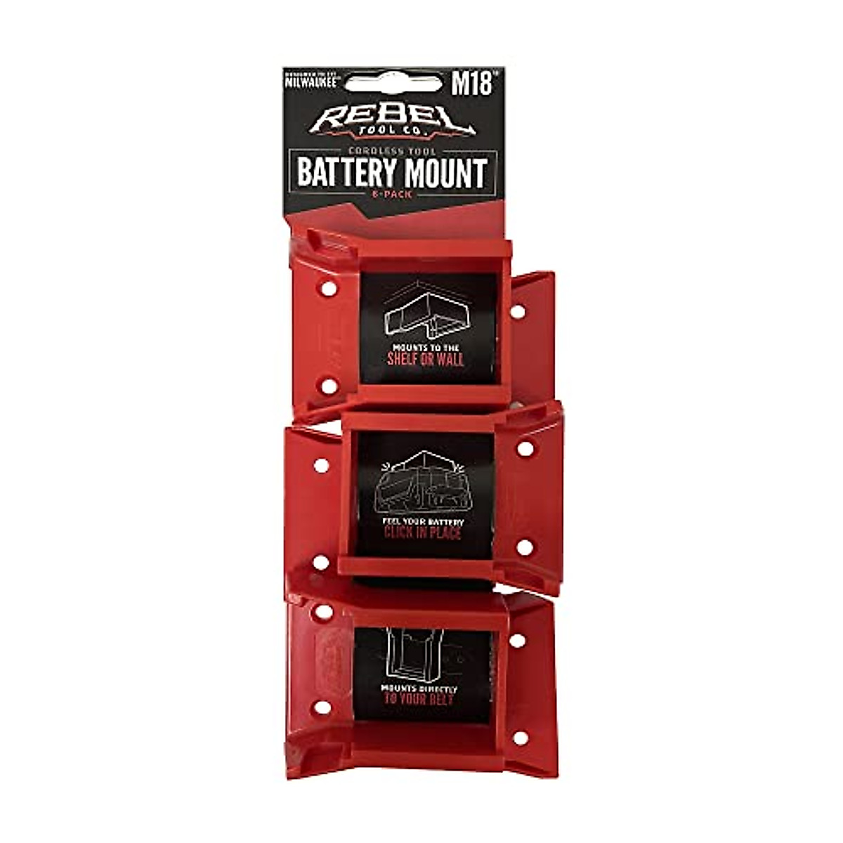 RebelToolCo Battery Holder Wall Mount (6 Pack) Battery Holder Mounts. Compatible with M18 Milwaukee Cordless Batteries. Tool Holder Storage Organizer for Battery, Accessories, & Tool Organization.