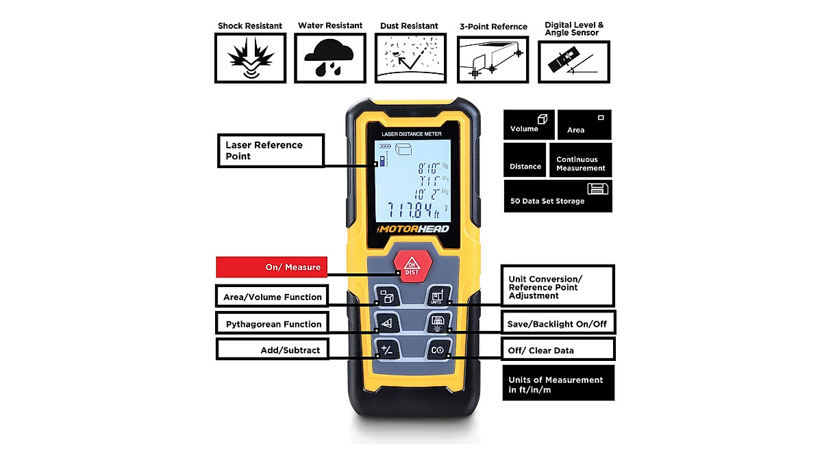 MOTORHEAD 196Ft Laser Distance Measure with Digital Level and Angle Sensor