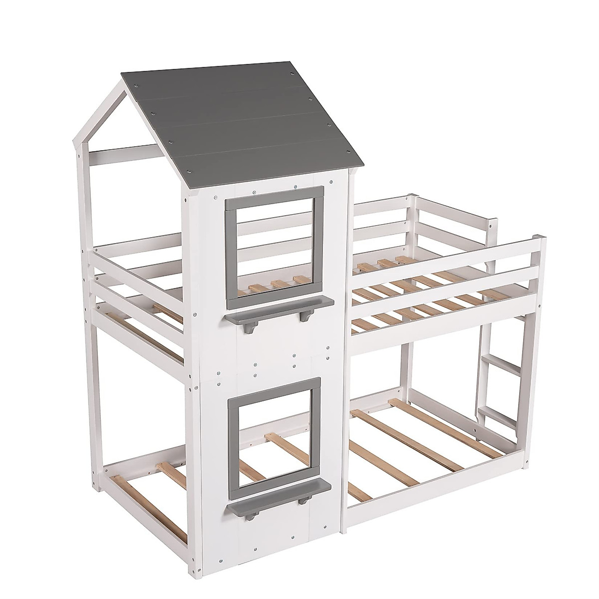 House Bunk Beds, Twin Over Twin Bunk Bed Wooden Floor Bunk Bed Frame for Kids/Teens/Girls/Boys, White