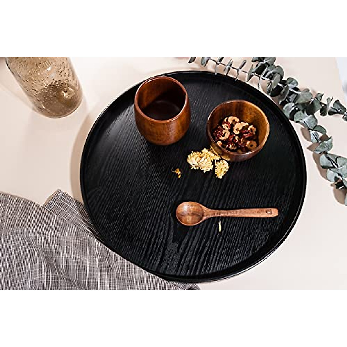 Islandoffer ash Wood Round Black Tray Tea Cake Tray Japanese Style (1pc)
