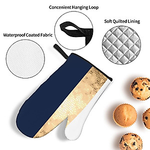 MUKJHOI Oven Mitts Pot Holders Set of 4 Heat Resistant Kitchen Waterproof Elegant Faux Gold Navy Blue White Stripes Women Men Home Cooking Baking Microwave BBQ Gift