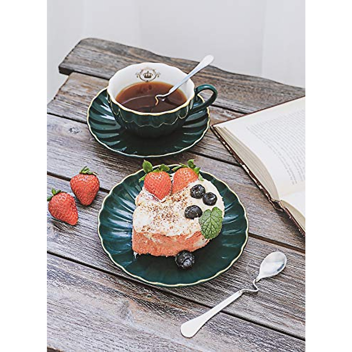 Amazingware Porcelain Tea Set - Tea Cup and Saucer Set Service for 6, with 28 ounces Teapot Sugar Bowl Cream Pitcher Teaspoons and Tea Strainer - for Thanksgiving - Pumpkin Fluted Shape, Dark Green