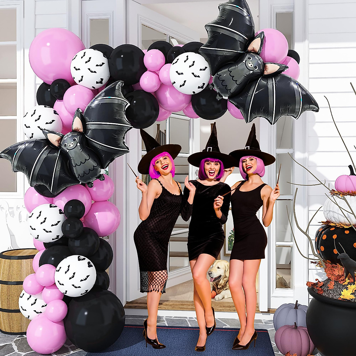 HOUSE OF PARTY Halloween Bat Balloon Garland Kit, 18/12/10/5 inch Black Pink White Balloons Arch with 2 Pcs 40'' Large Bat Foil Balloon, Bat Latex Balloons for Indoor Halloween Party Decorations