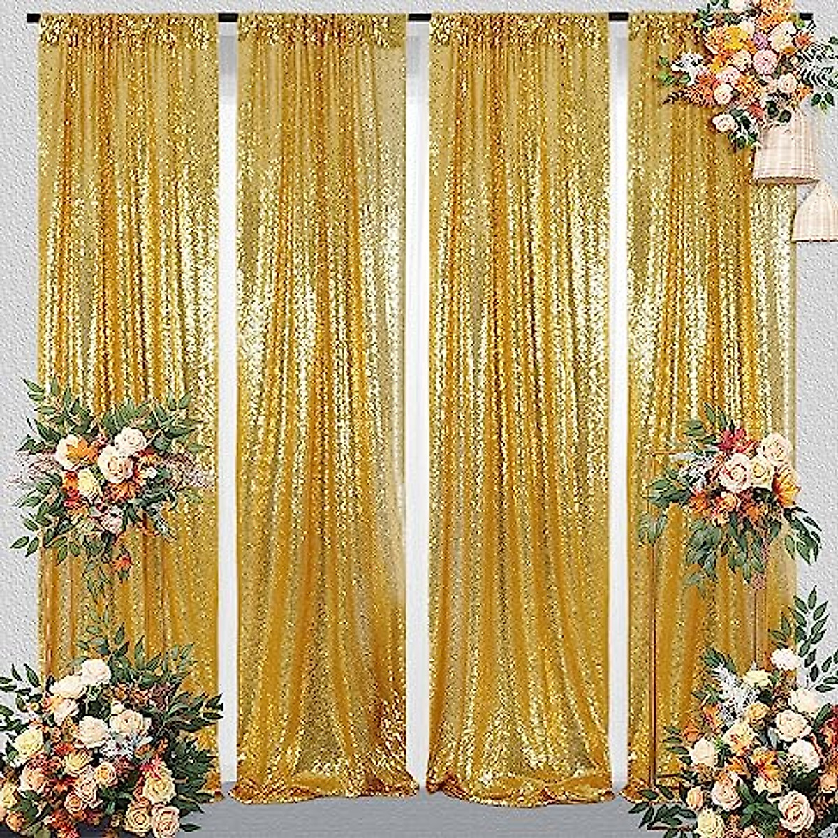 Juya Delight Gold Sequin Backdrop Curtain,4PCS 2FTx8ft Glitter Backdrop Curtain for Party,Birthday,Christmas Wedding Decoration