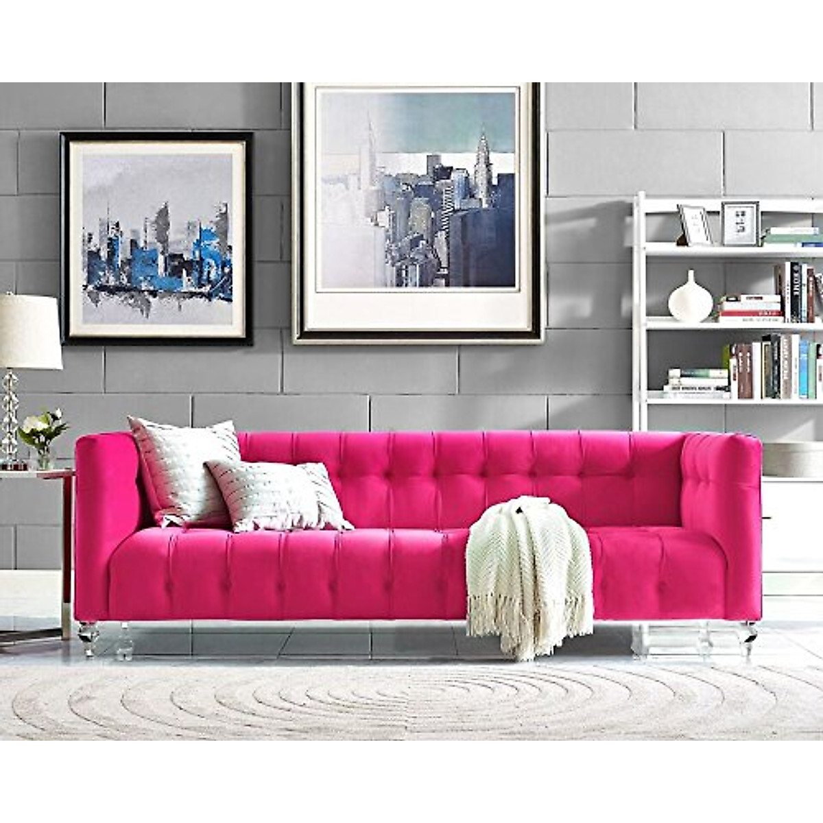 Tov Furniture The Bea Collection Modern Style Velvet Upholstered Living Room Sofa with Lucite Legs, Pink