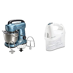 Hamilton Beach Electric Stand Mixer, 4 Quarts, Dough Hook, Blue & 6-Speed Electric Hand Mixer with Whisk, Traditional Beaters, Snap-On Storage Case, White