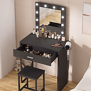 Titoni Makeup Vanity Desk with Mirror and Lights, Black Vanity Table and Chair Set, Brightness Adjustable, Small Vanity for Girls' Bedroom