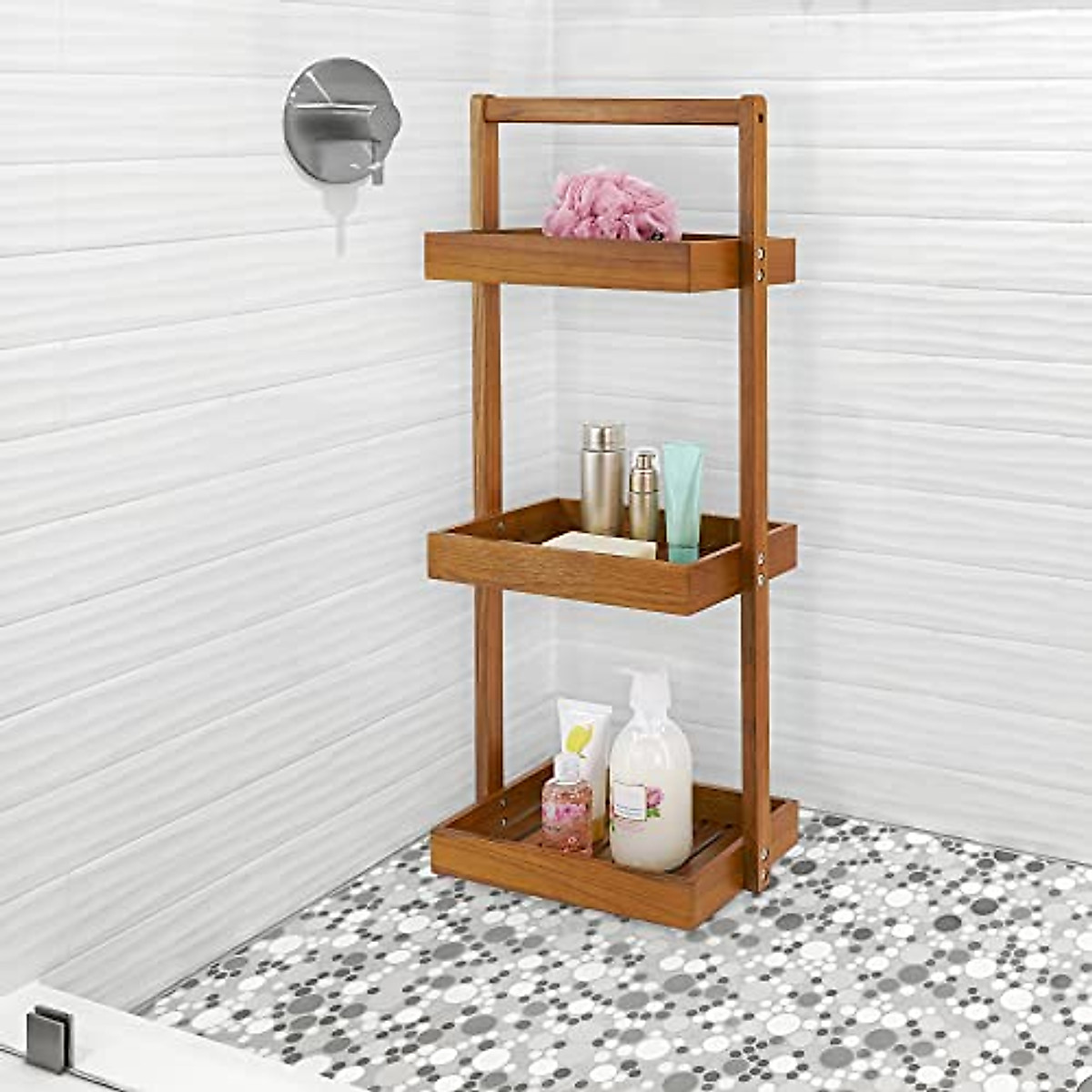 Utoplike Teak Wood Shower Caddy Corner, 3 Tier Standing Shower Organizer with Handle, Bathroom Stand Up Shower Shelf Caddy Basket for Shampoo, Rack for Inside Shower, for Bath, Office, Kitchen Desktop