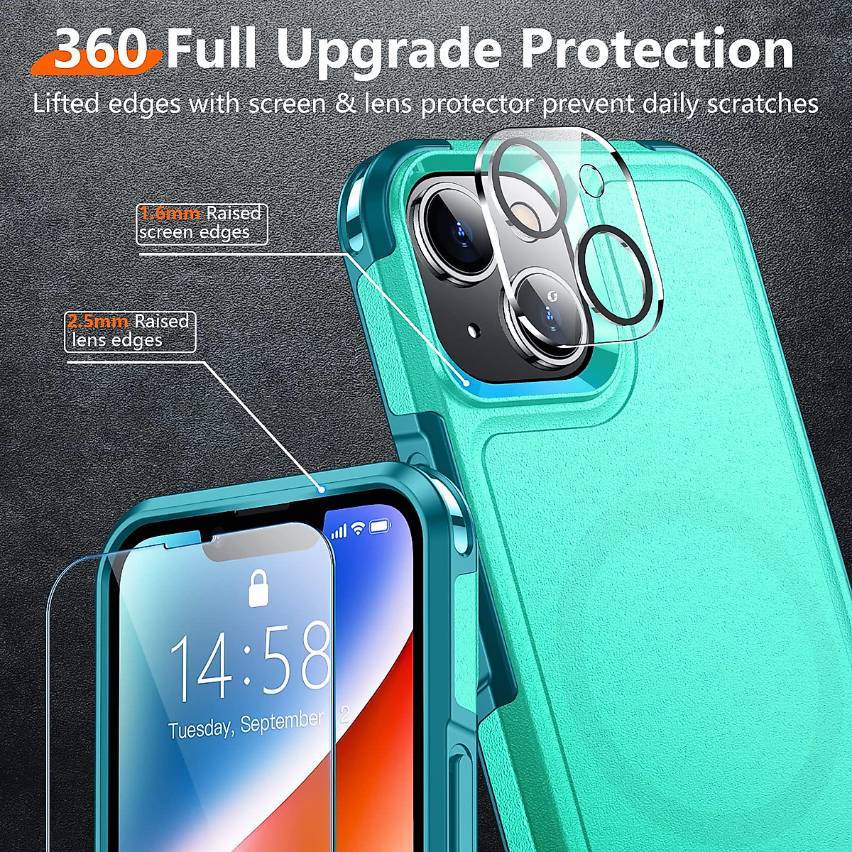 Red2Fire Magnetic for iPhone 14 Plus Case [Compatible with Magsafe][Military Grade Drop Protection][2X Glass Screen Protector+2X Camera Lens Protector] Shockproof Protective Case - Light Green