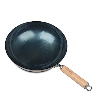 ZhenSanHuan Chinese Hand Hammered Iron Pow Woks and Stir Fry Pans Wooden Handle Round Bottom (30CM, Blue Black -Seasoned)