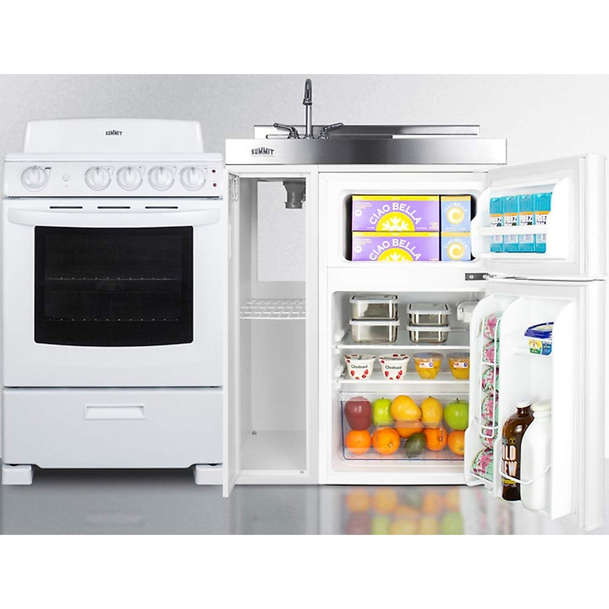 Summit Appliance ACK54COILW 54" Wide All-in-One Kitchenette with 220V 4-Element Electric Coil Range, Refrigerator-Freezer, Sink, Cutting Board and Cutlery Storage, and a Storage Cabinet