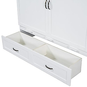 WADRI Full Size Murphy Bed with USB Port and a Large Drawer, Wood Mobile Murphy Chest Bed, Muti-Functional Cabinet Bed for Home Office or Small Room (White-Full-32)