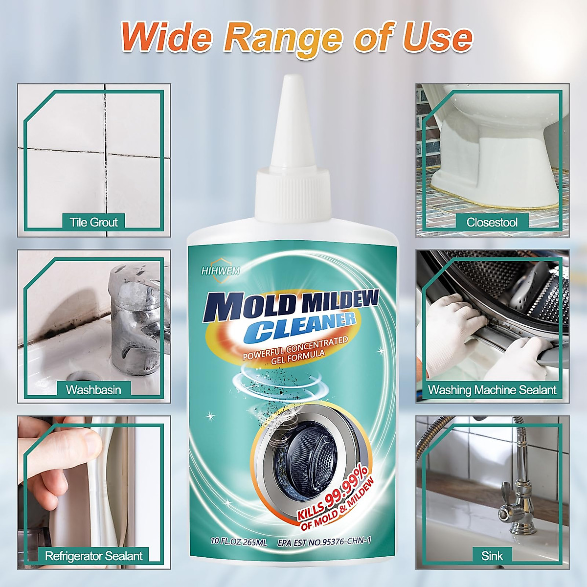 HIHWEM Mold Remover Gel Household Mold Mildew Cleaner for Washing Machine Sealant Tiles Grout Bathroom Cleaning Home Kitchen Sinks Cleaning (10 FL OZ)