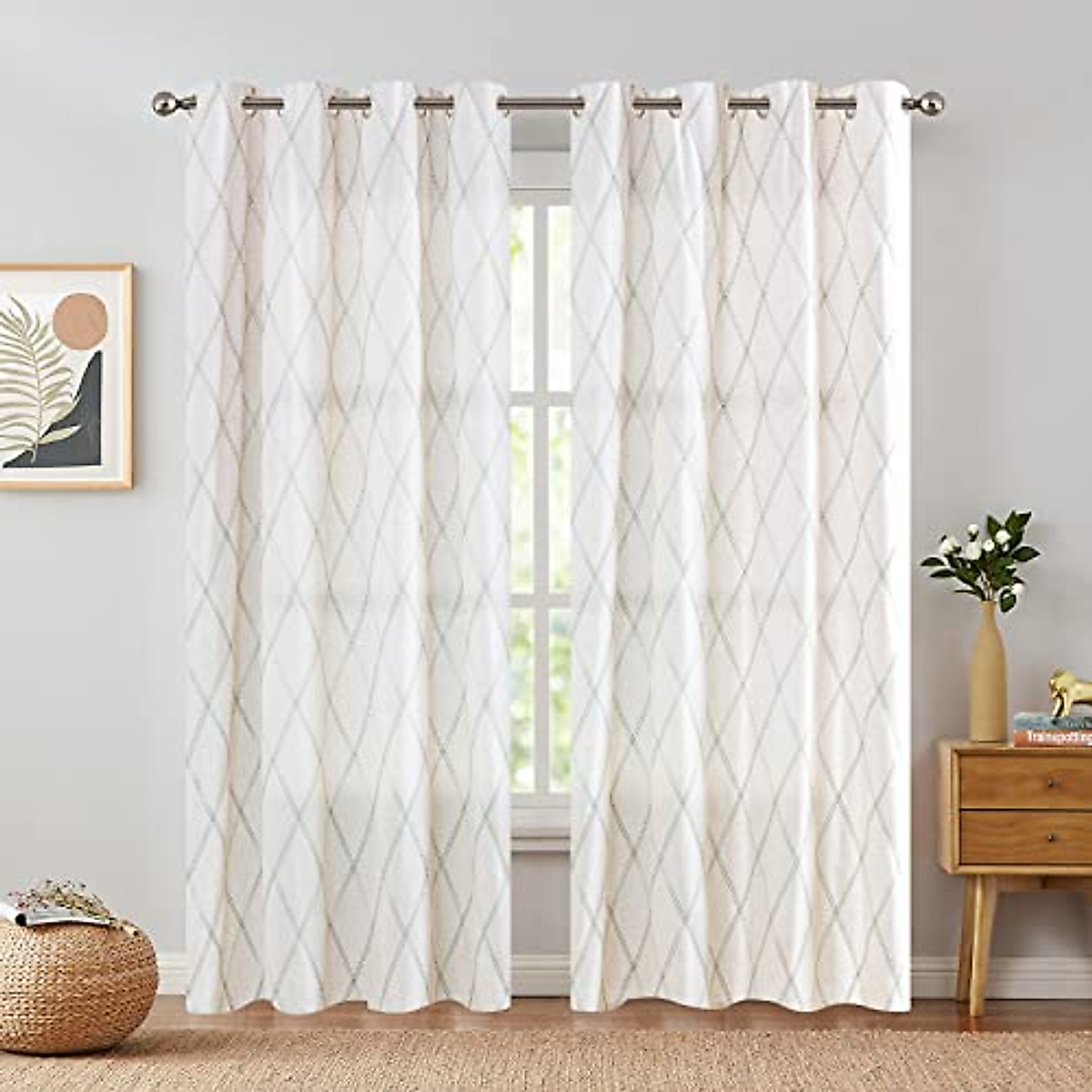 jinchan Linen Curtains for Living Room Green Diamond Embroidered Curtains Geometric Patterned Window Drapes Flax Window Treatment Set for Bedroom Grommet Curtains 84 Inches Long 2 Panels