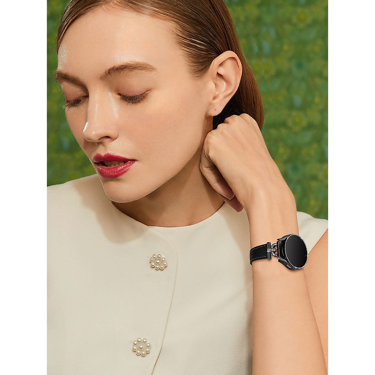 Shesyuki Luxury Genuine Watch Band with Case Compatible with Samsung Galaxy Watch 4&5 40mm 44mm，20mm Band with Glitter Screen Protector Case,Metal D-Shape Leather watch strap for Women